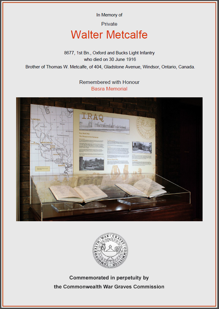 CWGC Certificate for Walter Metcalfe | What Was Lost Is Found